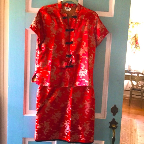 Clio | Dresses | Vintage Cleo 2 Piece Asian Suit Red Hollywood Glam ...